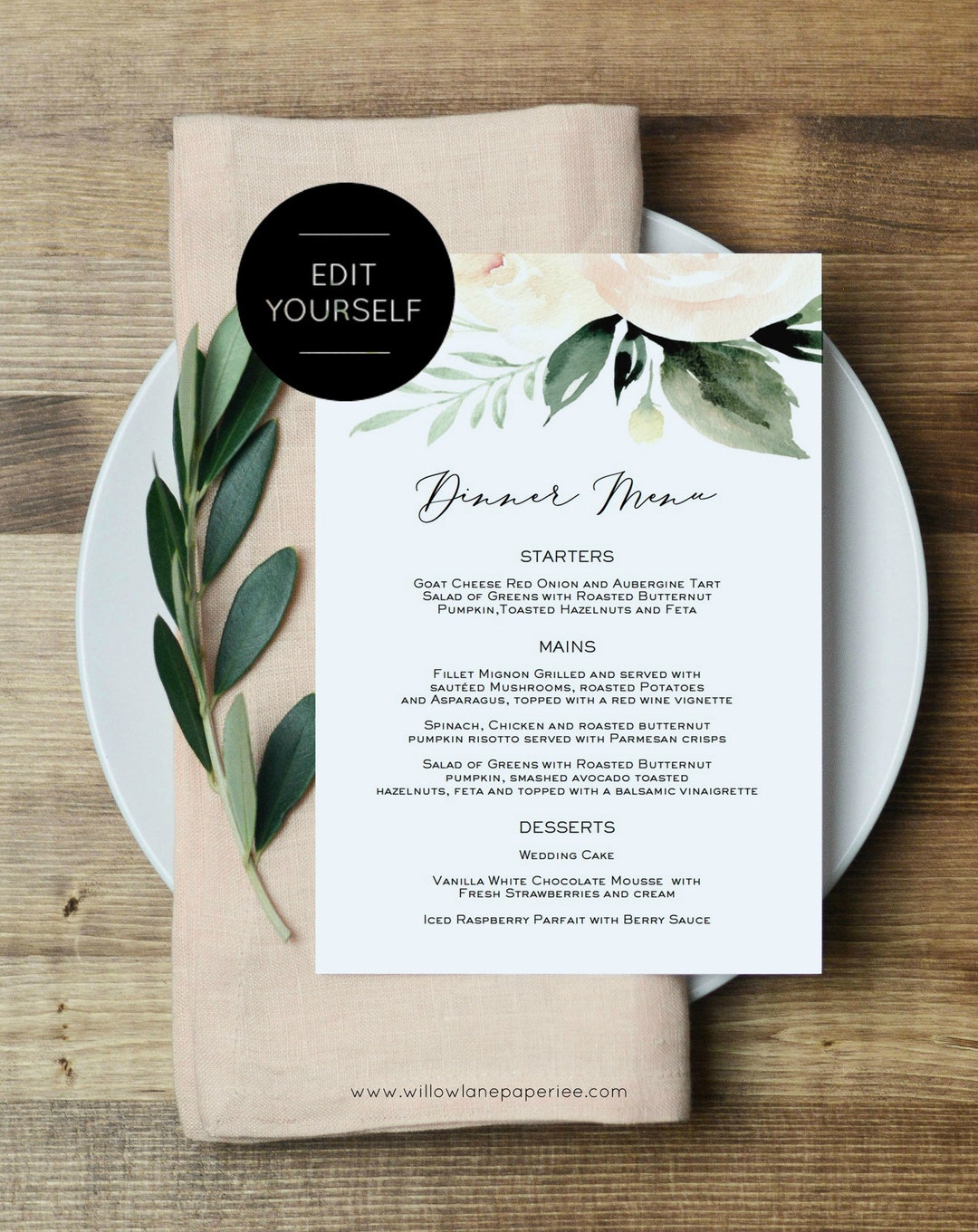 Blush Greenery Menu Card Template, Green Leaf Menu Printable, Menu Sign ...