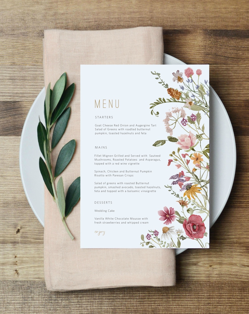 Wildflower Wedding Menu Template Floral Printable Menu Card - Etsy