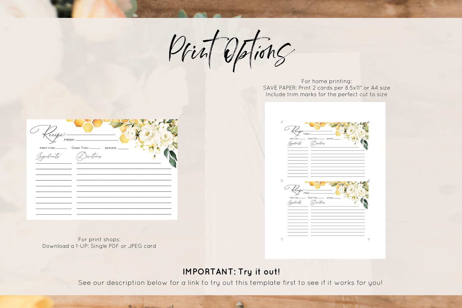 Bee Recipe Card Printable Floral Recipe Card Template Diy | Etsy
