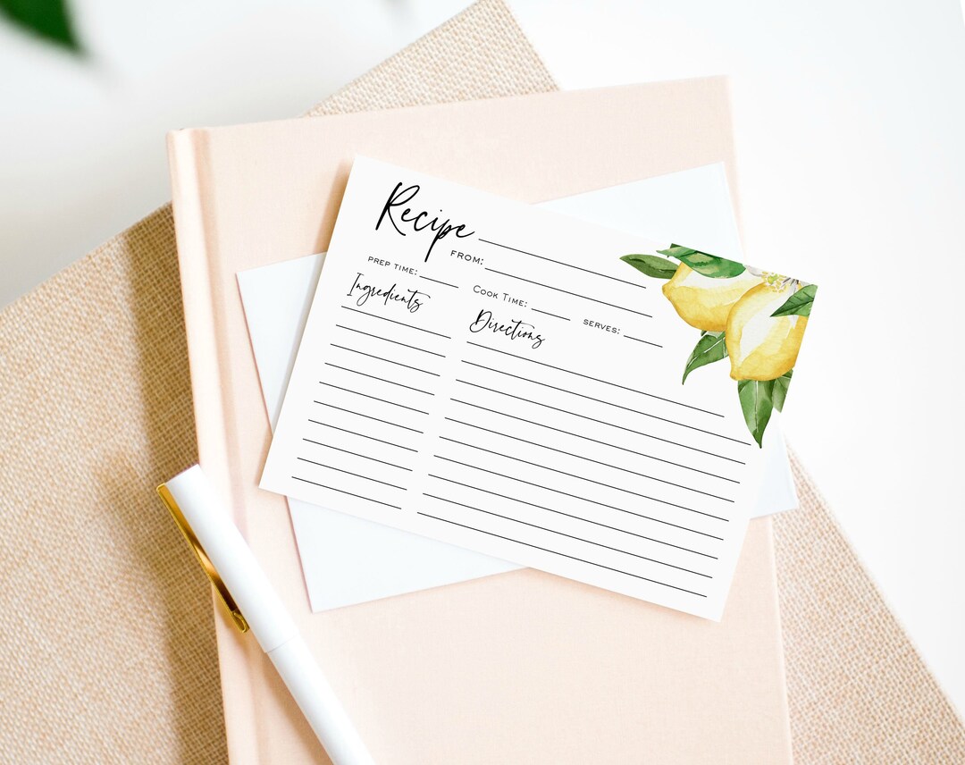 Citrus Recipe Card, Printable Recipe Card, Lemon Recipe Template, 4x6 ...
