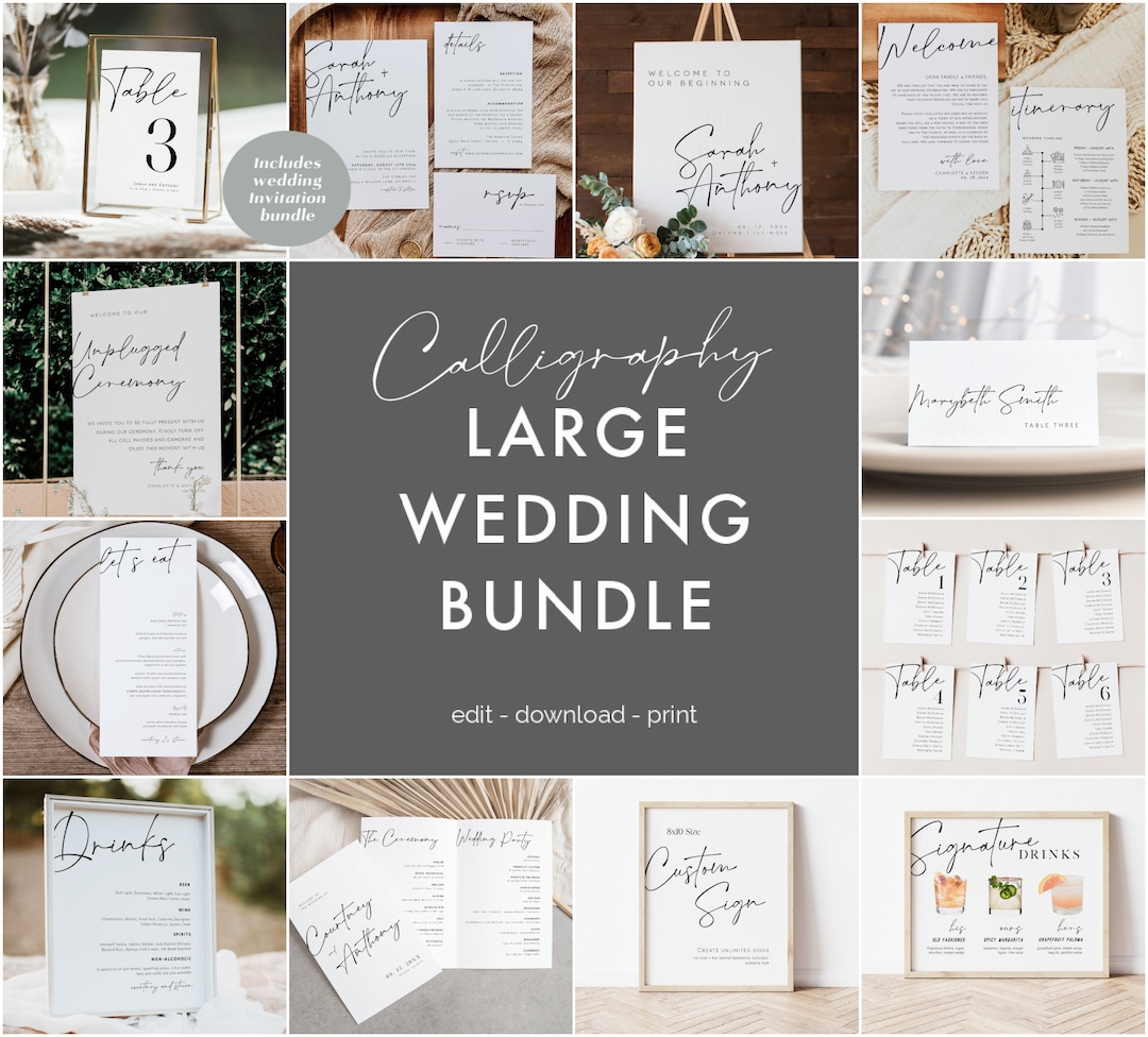 Modern Wedding Bundle, Editable Wedding Invitation Bundle, Calligraphy ...