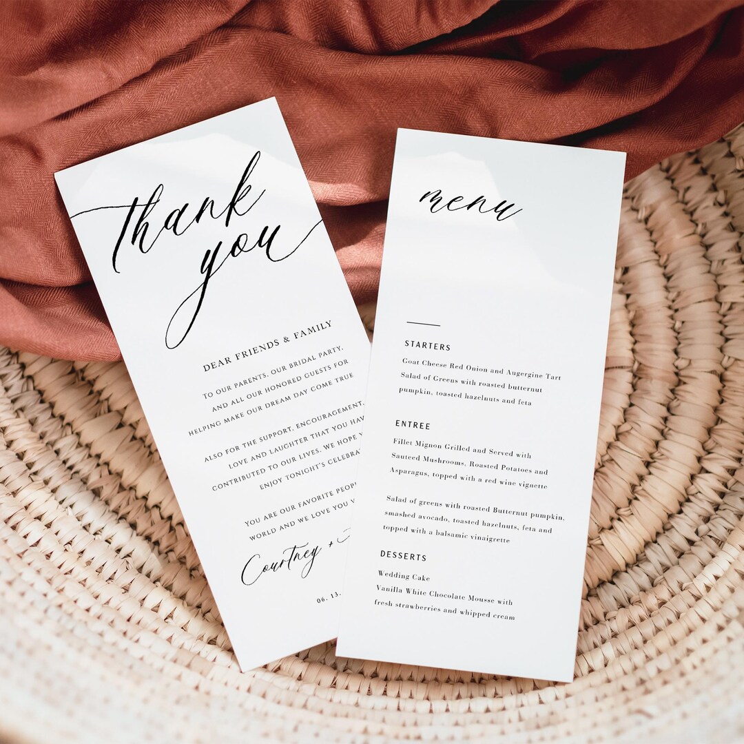 Modern Menu and Thank You Card, Wedding Menu Card, Napkin Note Thank ...