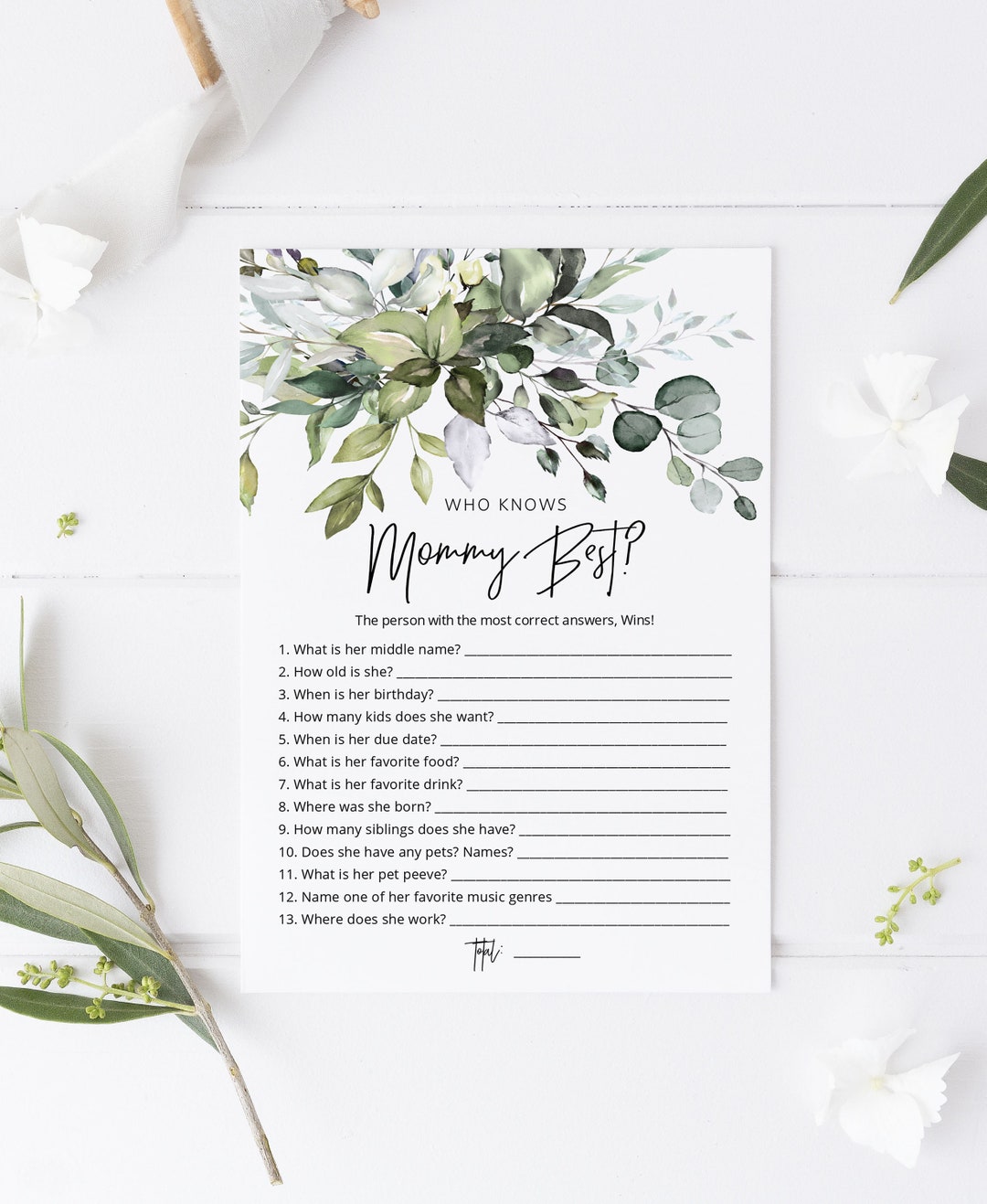 Greenery Who Knows Mommy Best Game, Greenery Baby Shower Game ...