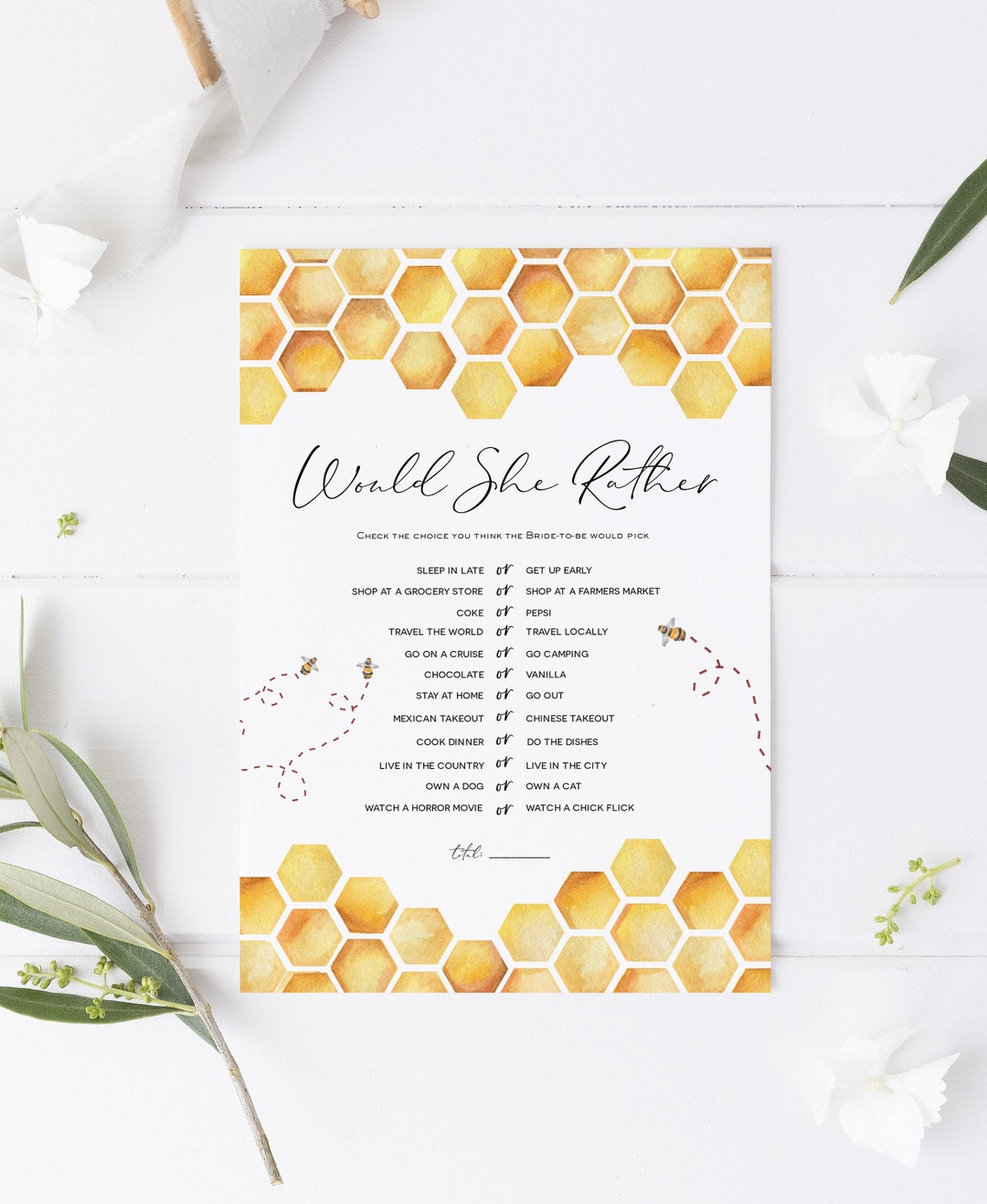Bee Would She Rather, Bee Bridal Shower Game, Printable Would She ...