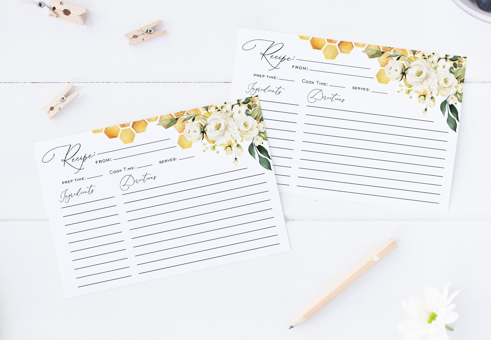 Bee Recipe Card Printable Floral Recipe Card Template Diy | Etsy