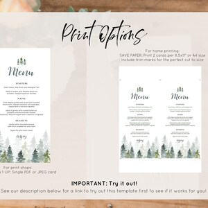 Pine Trees Menu, Winter Menu Card, Printable Forest Trees Menu , 2 ...
