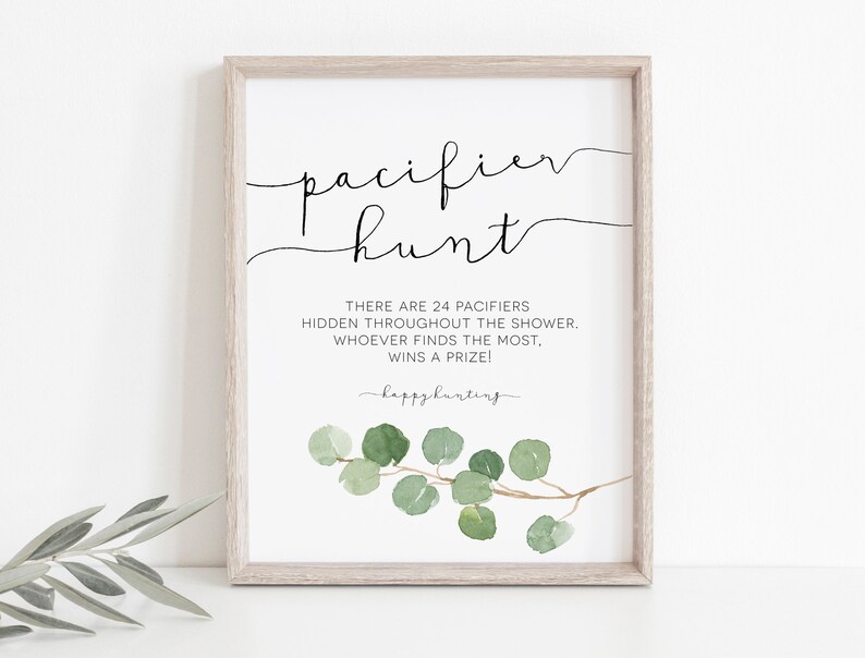Pacifier Hunt Game Baby Shower Game Sign Greenery Pacifier | Etsy