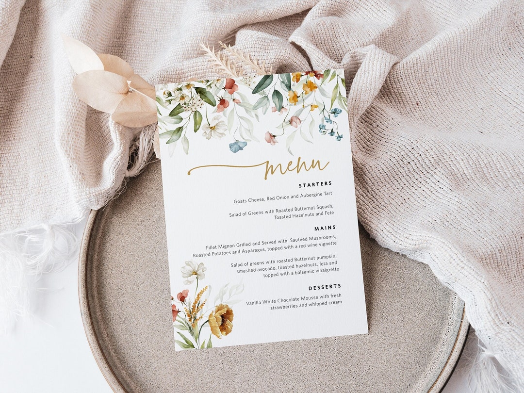 Wildflower Menu Card, Floral Menu Template, Wedding Menu, Instant ...