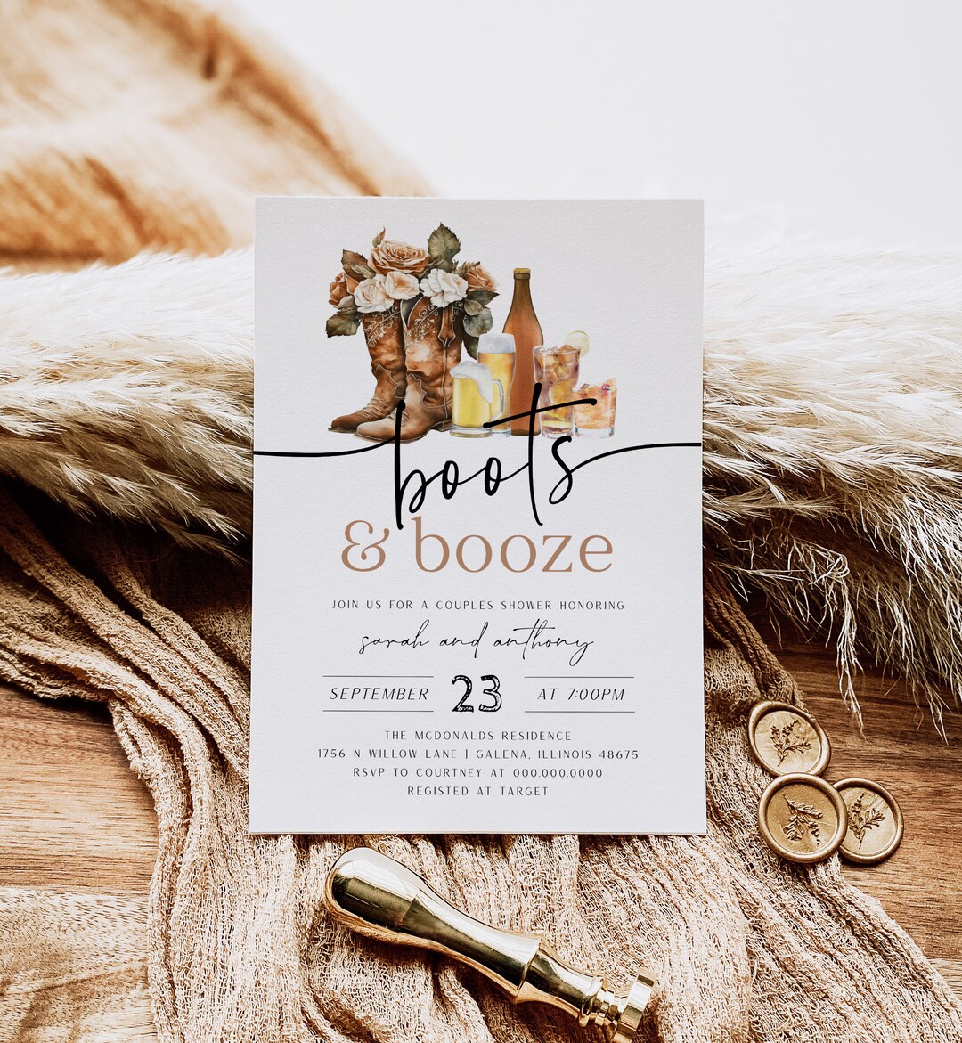 Boots and Booze Invitation, Cowgirl Boots Bridal Shower Invite, Couples ...