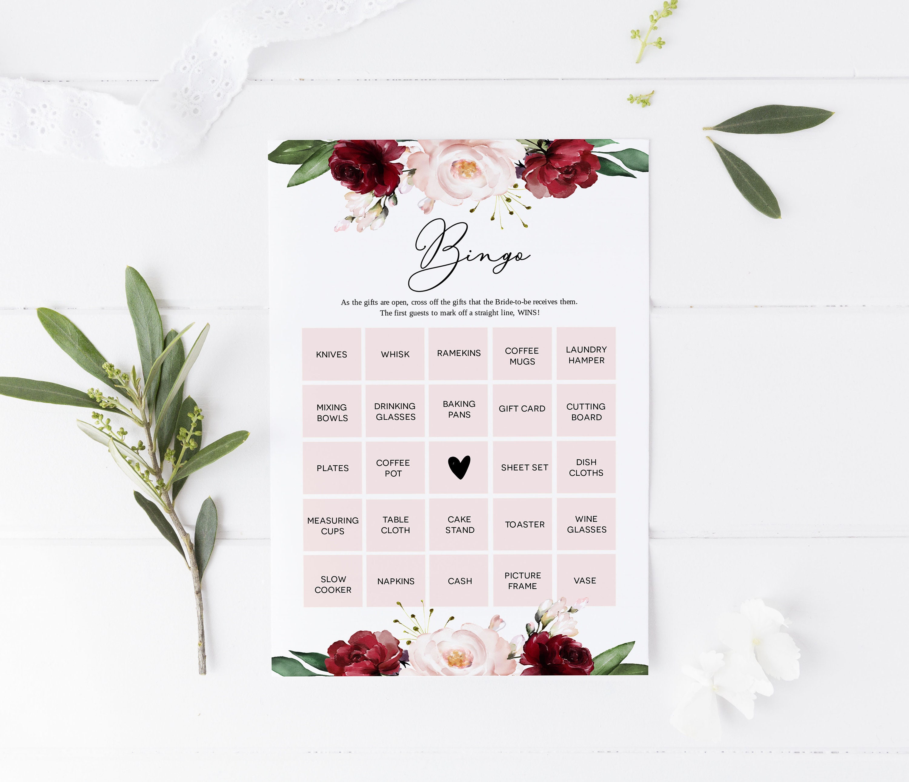 Burgundy Bridal Bingo Bridal Shower Game Printable Bingo | Etsy