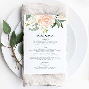 Peach Floral Menu Template, Menu Card, Printable, Instant Download ...
