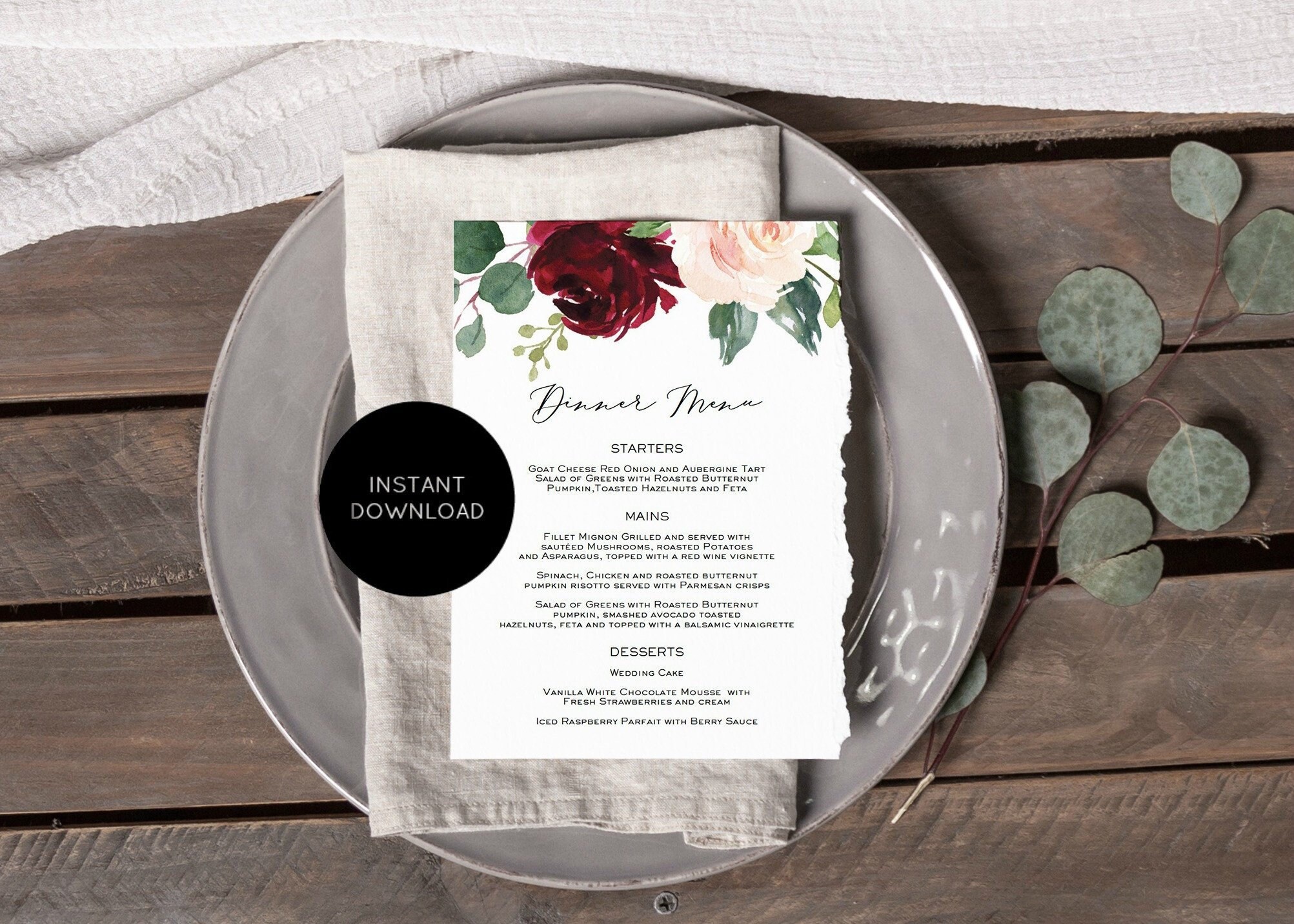 Burgundy Menu Template Menu Card Printable Menu 5x7 Instant | Etsy