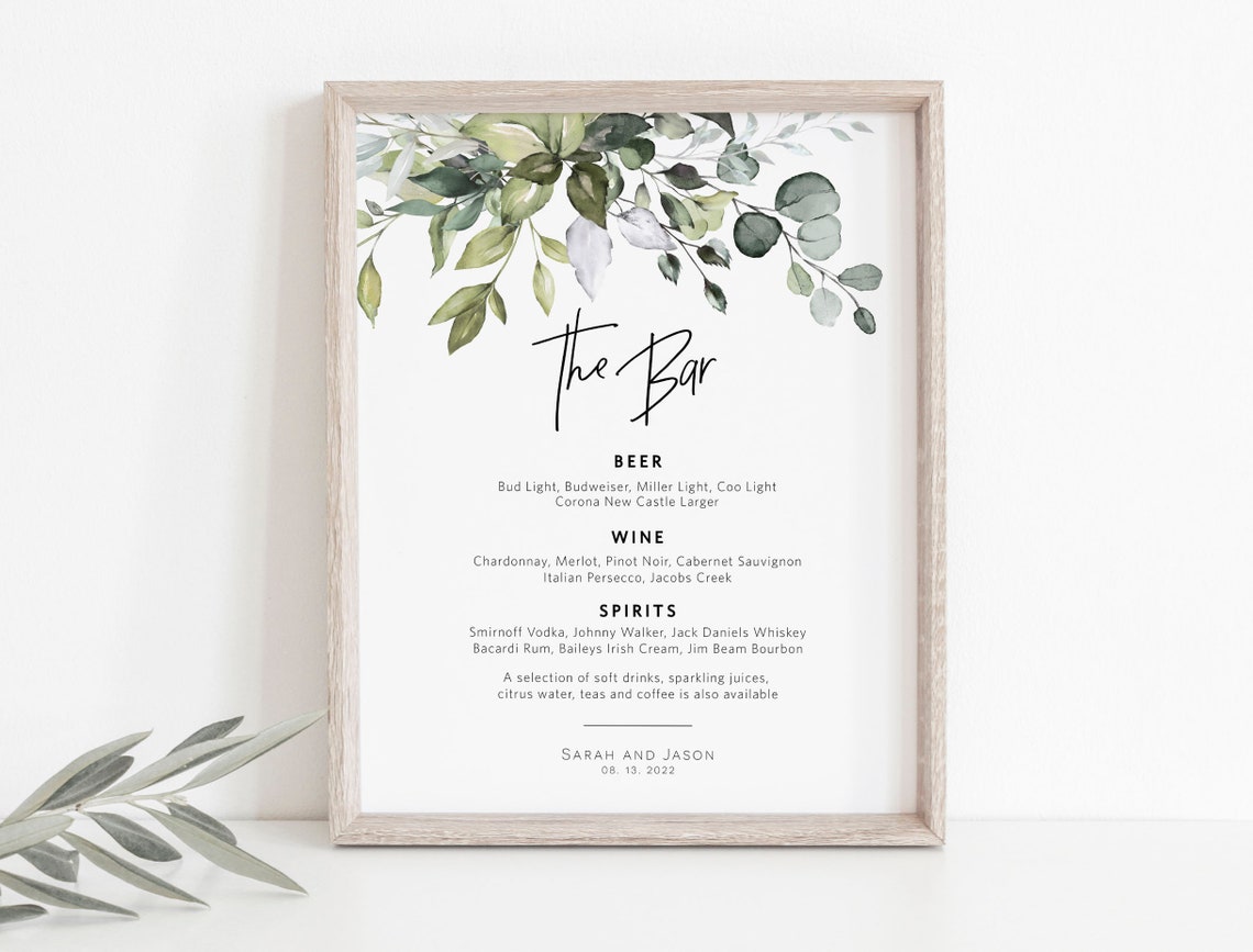Greenery Bar Menu Sign Greenery Bar Sign Template Printable | Etsy