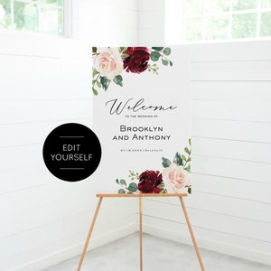 Welcome Sign, Printable Burgundy Welcome Poster Template, Calligraphy ...