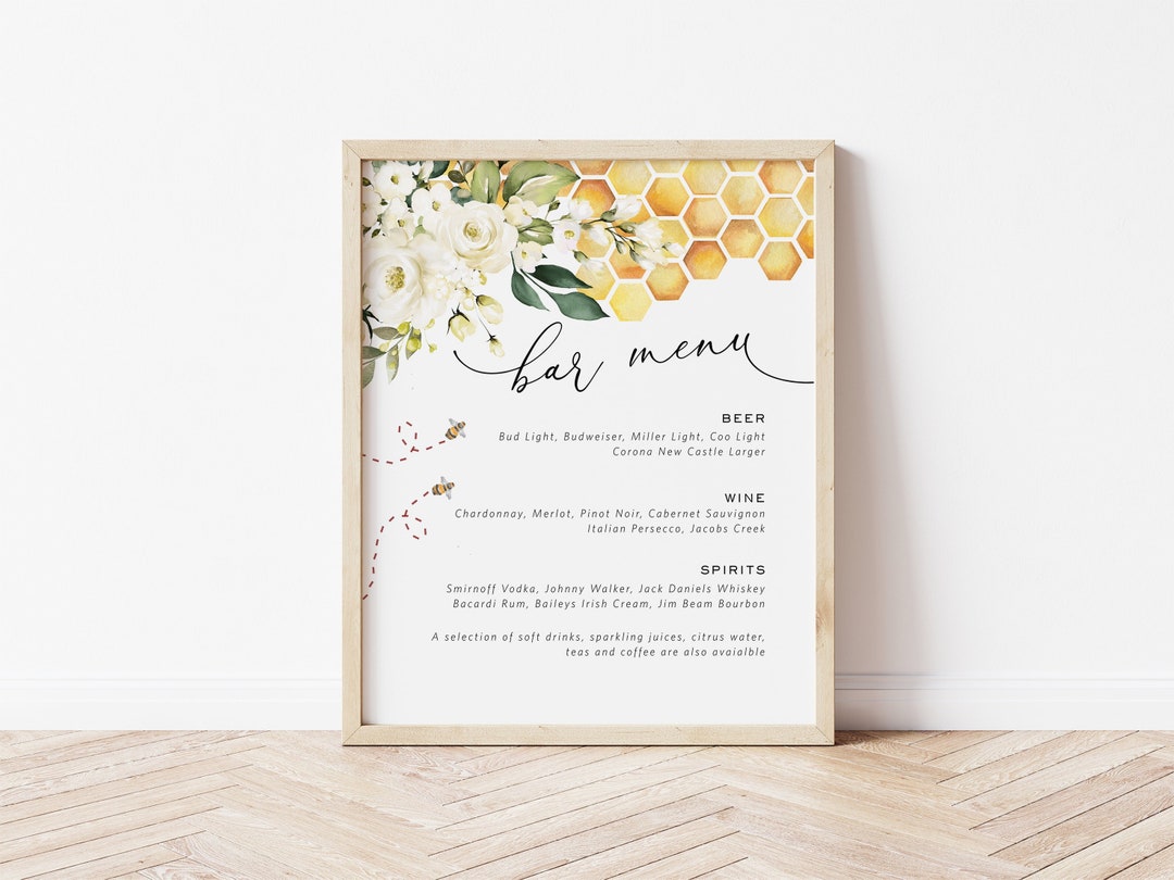 Bee Bar Menu Sign, Honeybee Bar Sign Template, Printable Bar Menu Sign ...
