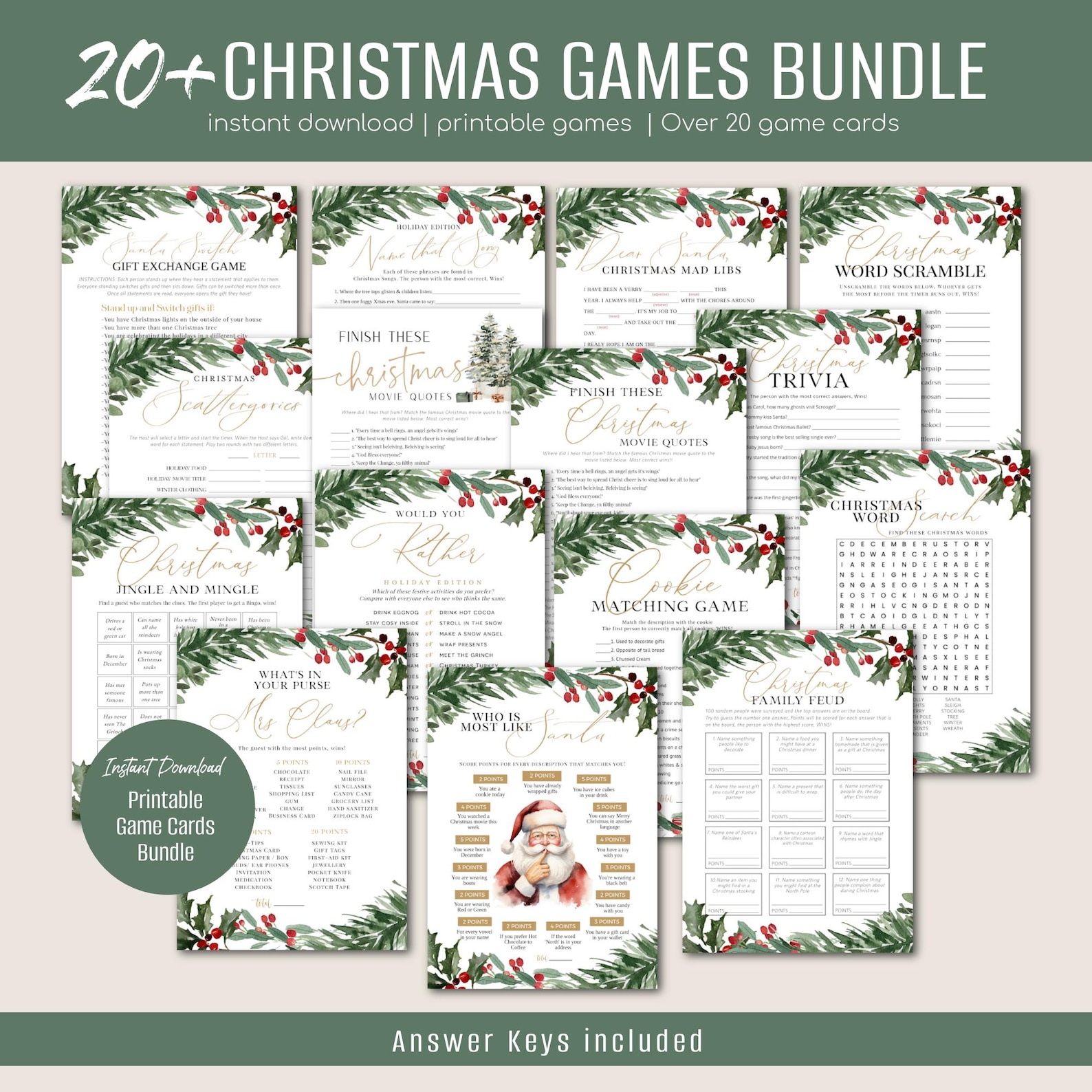Christmas Games Bundle, Holiday Party Games Bundle, Printable Christmas ...