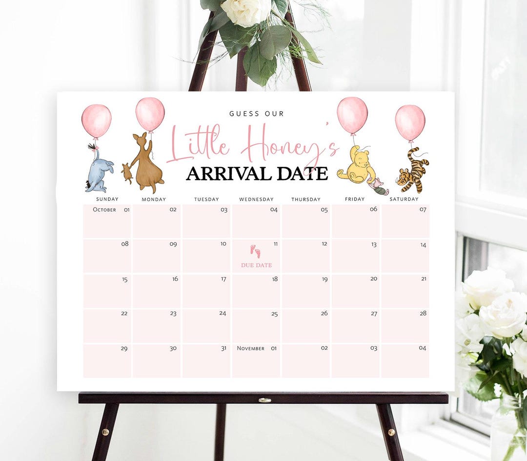 Winnie the Pooh Baby Due Date Calendar, Pink Pooh Baby Shower Game ...