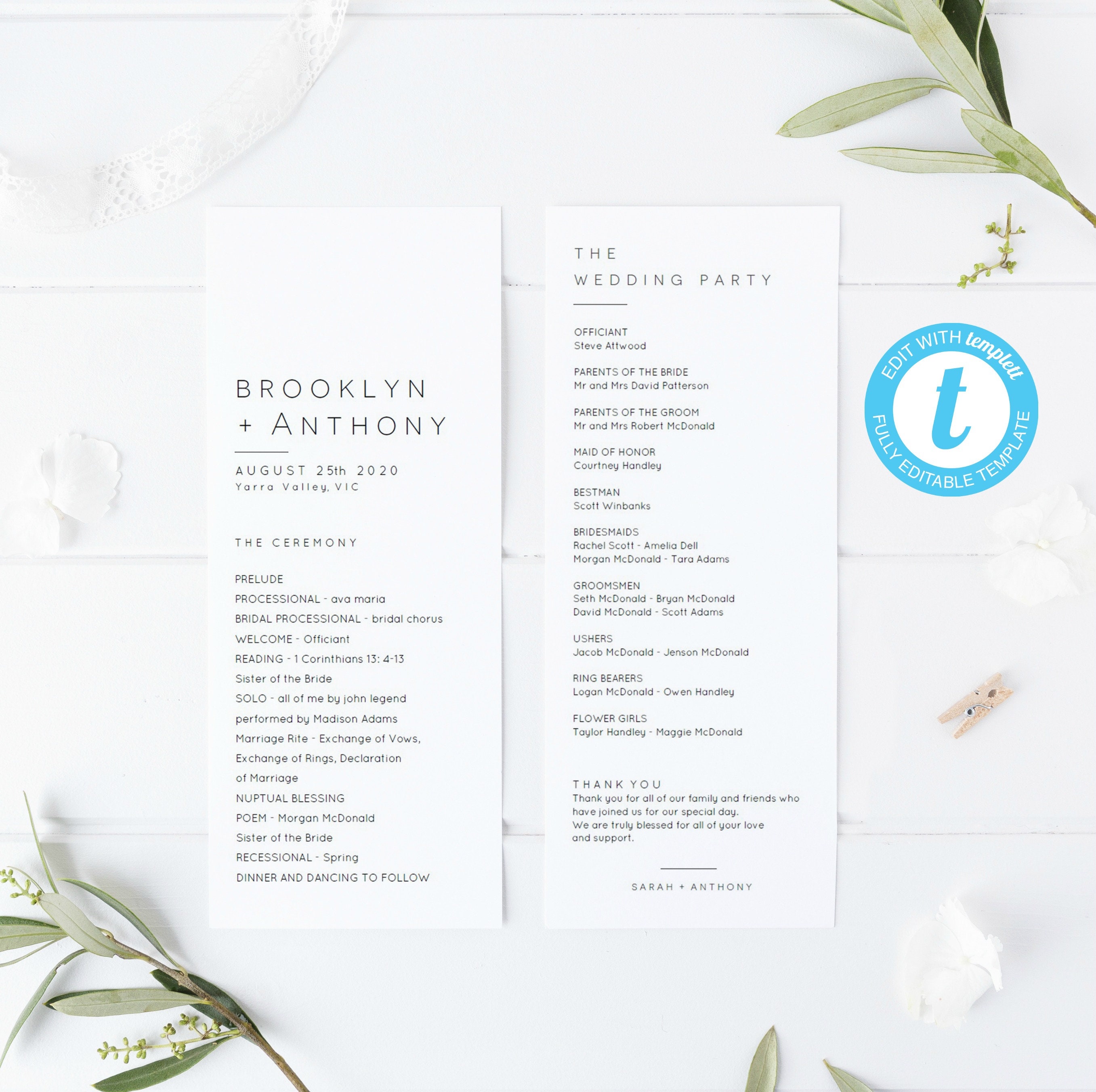 Modern Wedding Program Printable Wedding Ceremony Program - Etsy