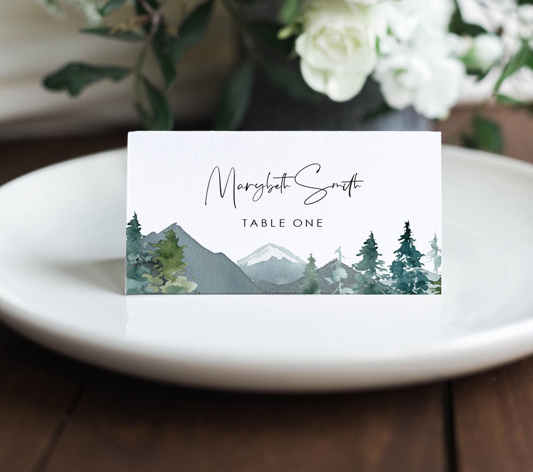 Mountains Place Cards, Greenery Placecard Template, Editable Place ...