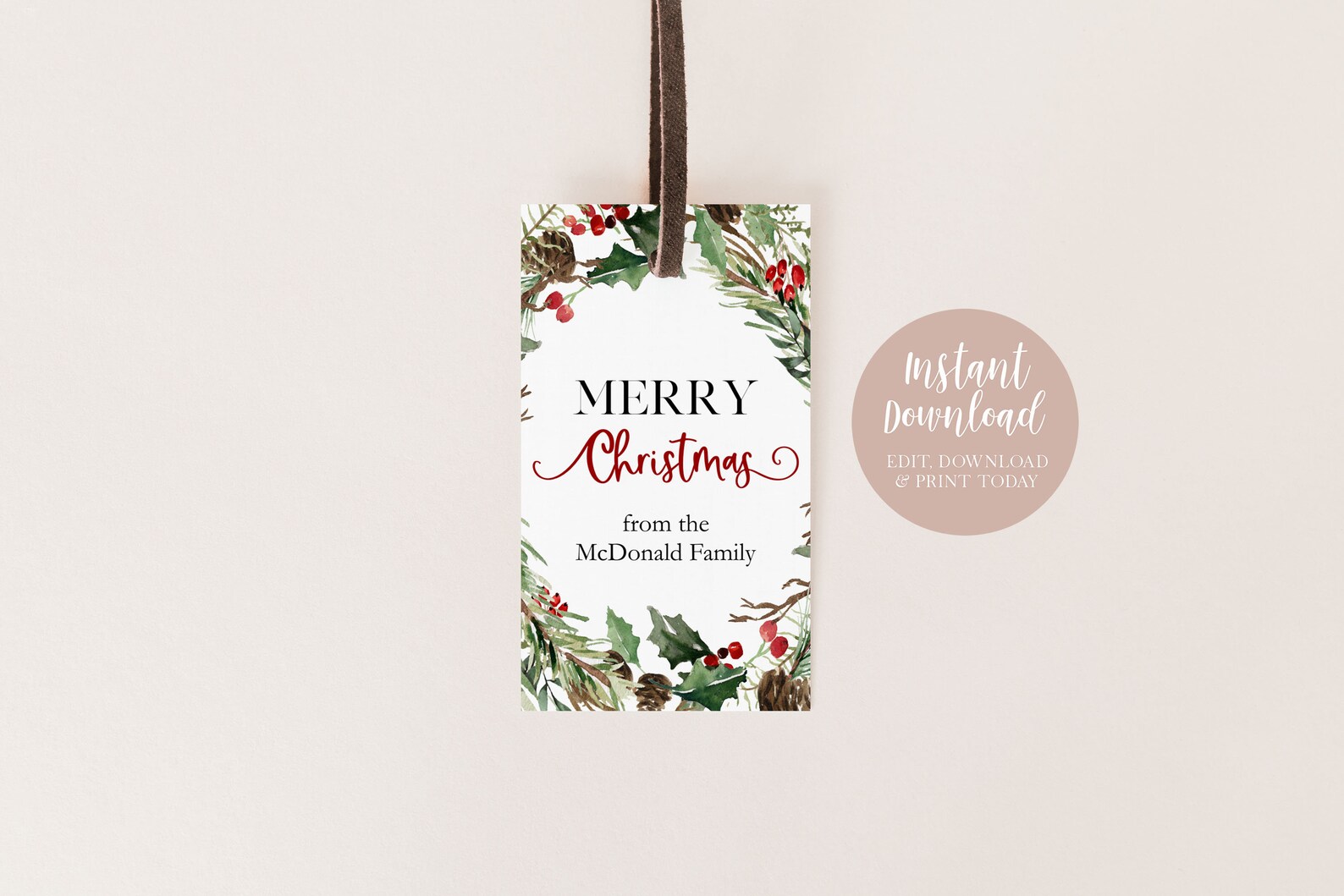Christmas Wreath Tag Template, Rustic Christmas Gift Tags, Personalized ...