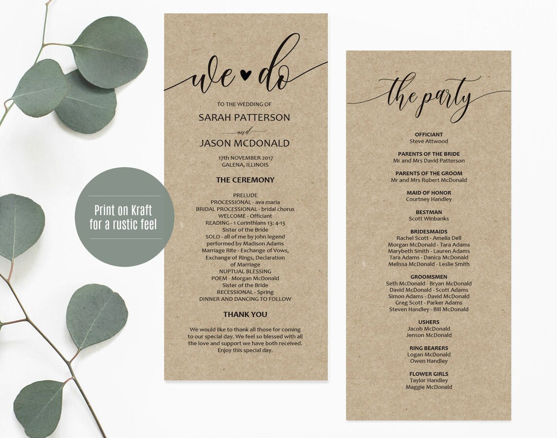 Calligraphy Wedding Program Template, Printable Wedding Program ...