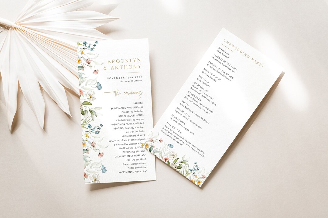Wildflower Wedding Program, Printable Wedding Ceremony Program, 2 Sizes ...
