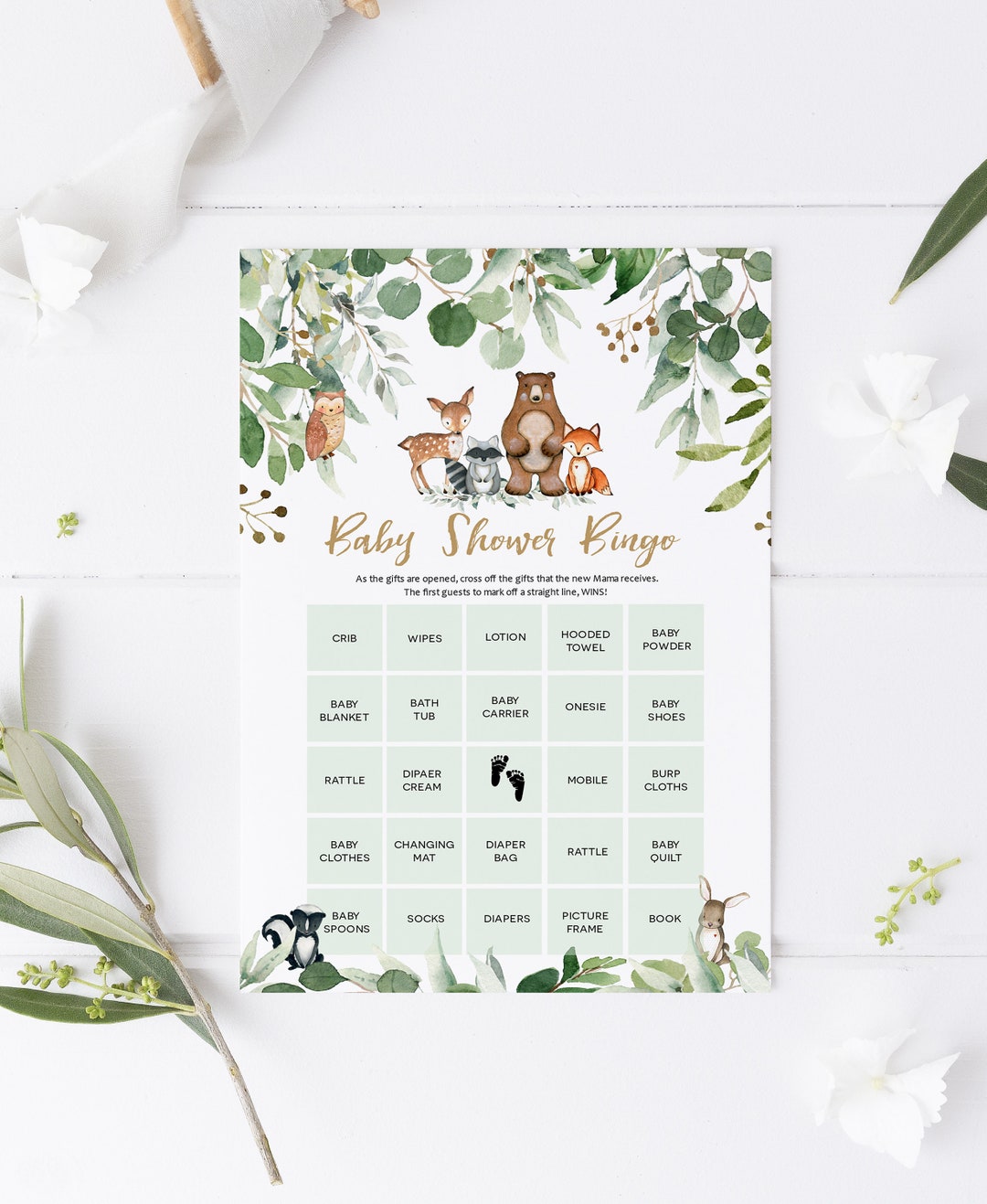 Woodland Baby Bingo, Woodland Baby Shower Game, Printable Bingo Cards ...