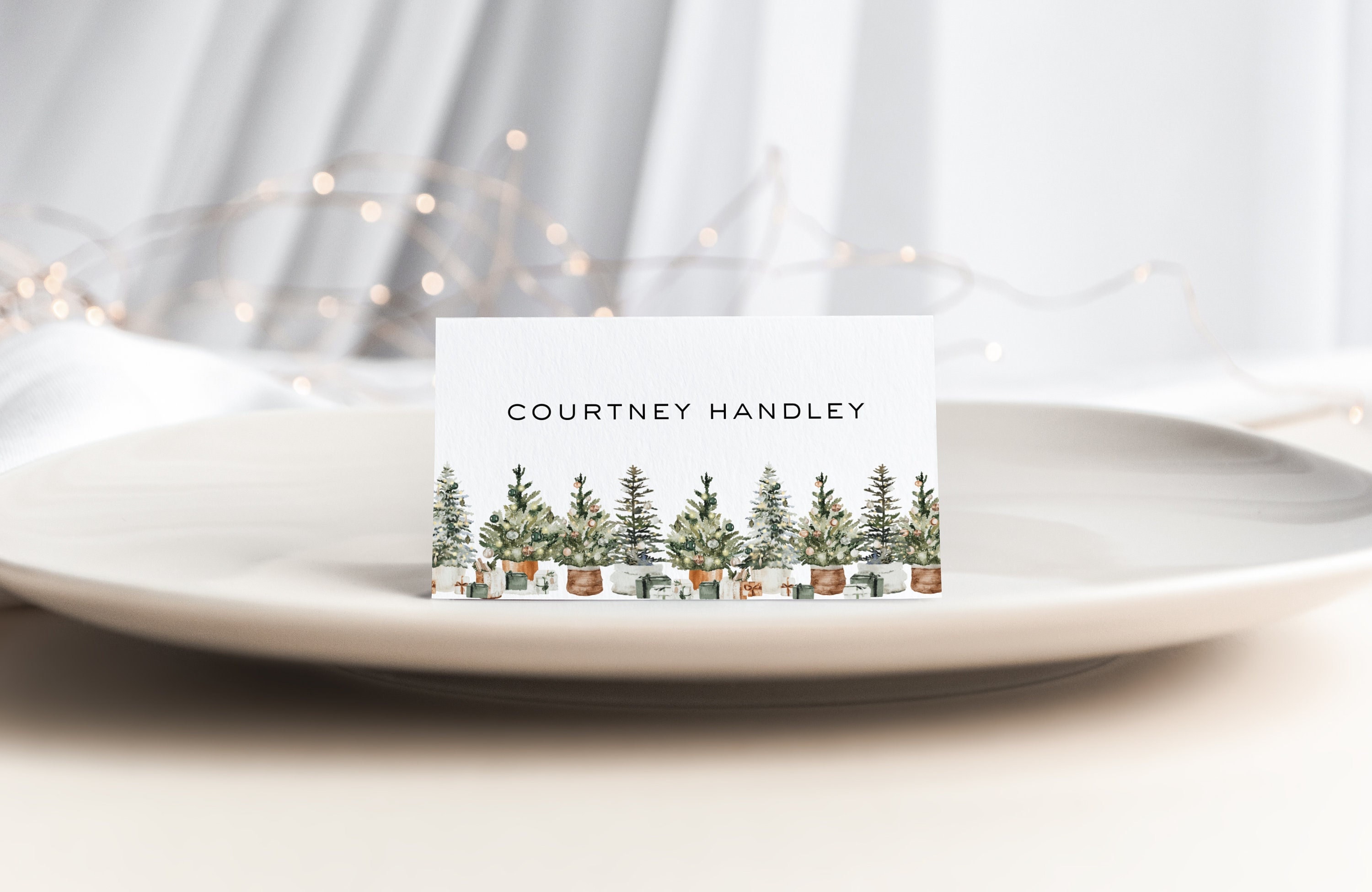 Christmas Trees Place Card Template, Holiday Party Seating Card, Name ...