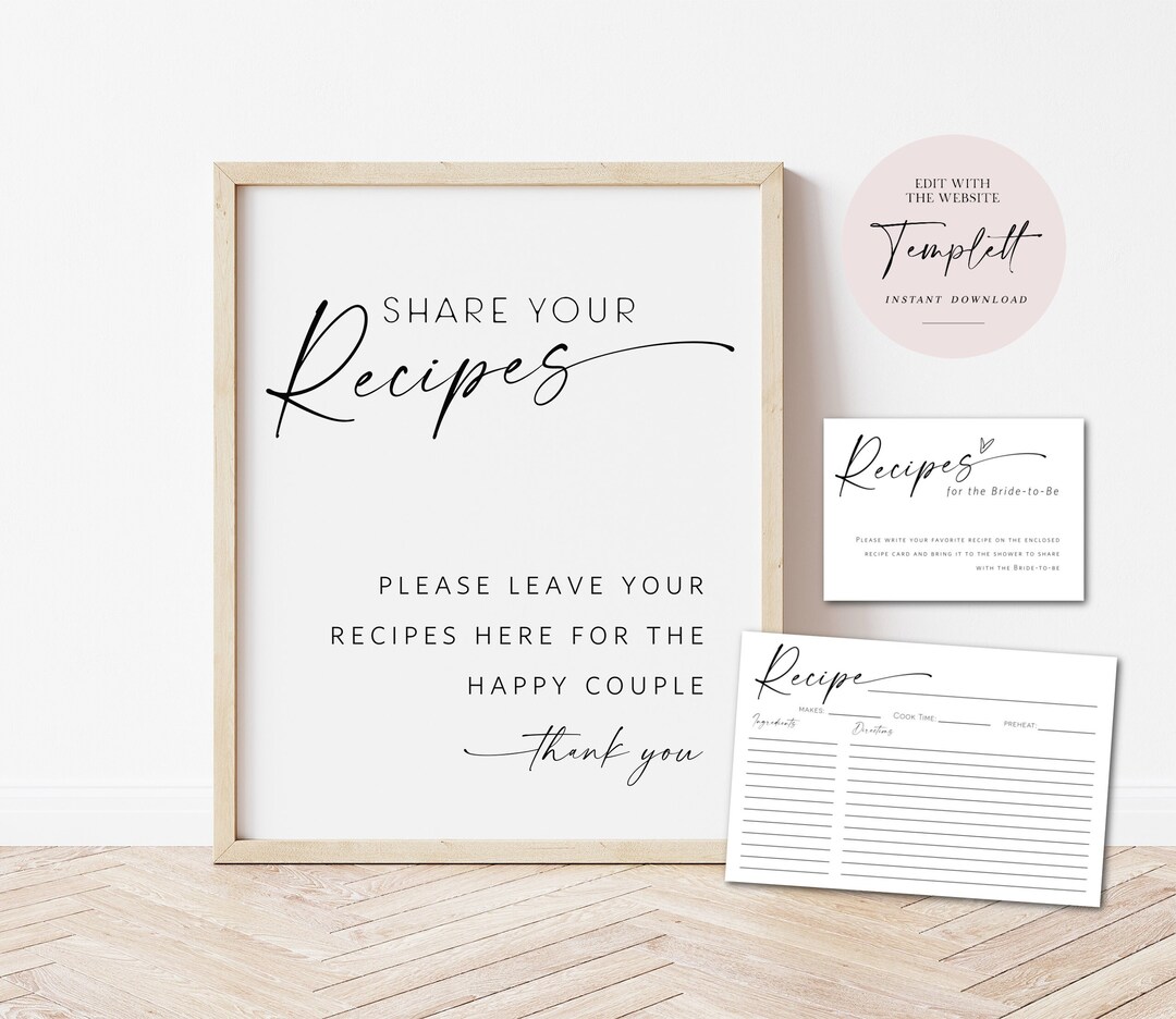 Minimalist Recipe Sign and Card Set, Recipes Insert Card, Diy Recipe ...