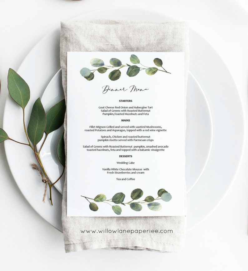 Greenery Menu Card Template Printable Menu Card Rustic Menu | Etsy