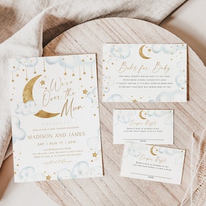 We're Over the Moon Invitation Bundle, Blue and Gold Moon Baby Shower ...