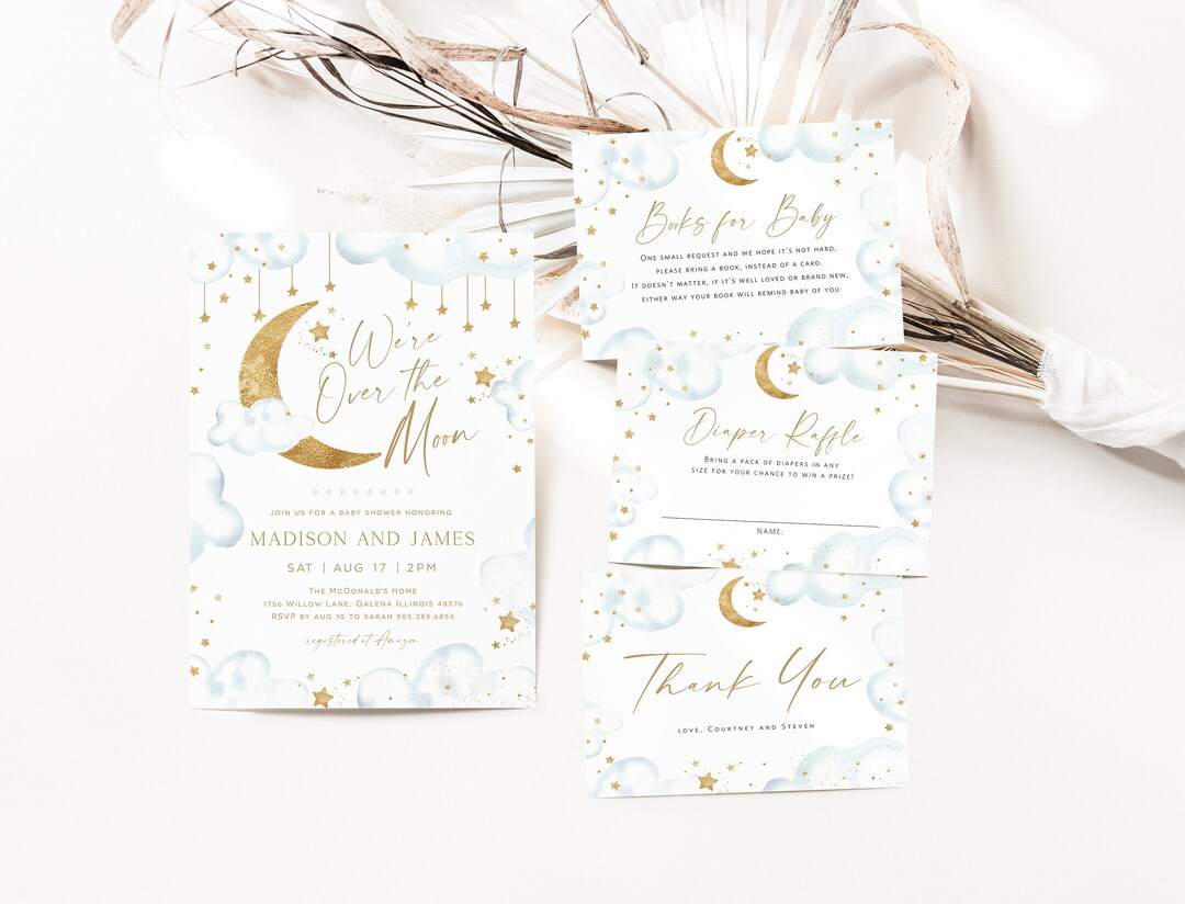 We're Over the Moon Invitation Bundle, Blue and Gold Moon Baby Shower ...