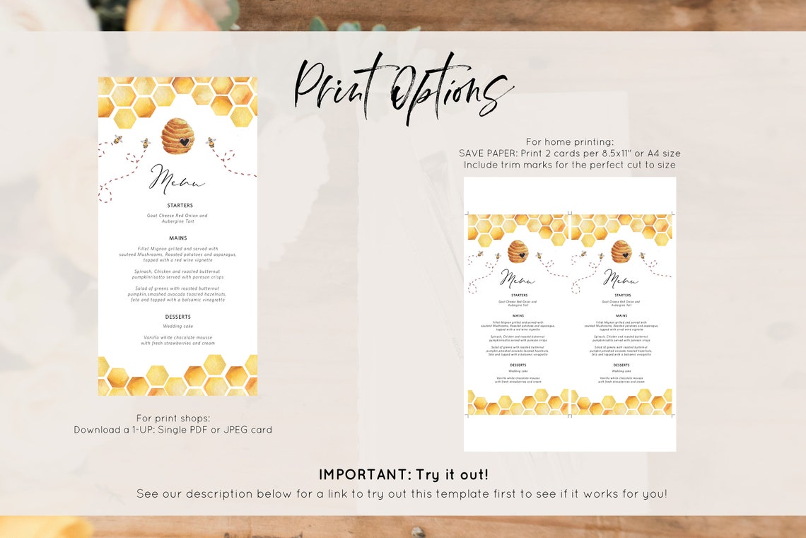 Bee Menu Card Honeybee Menu Template Party Menu Instant - Etsy