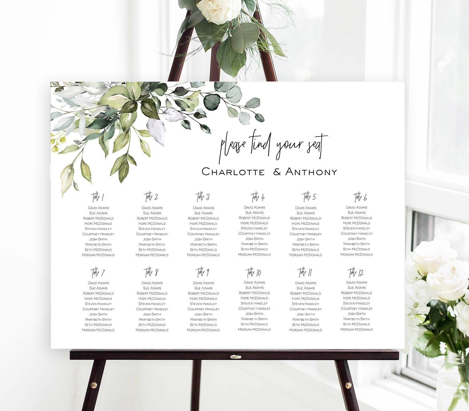 Greenery Seating Chart Template Wedding Seating Chart Sign | Etsy