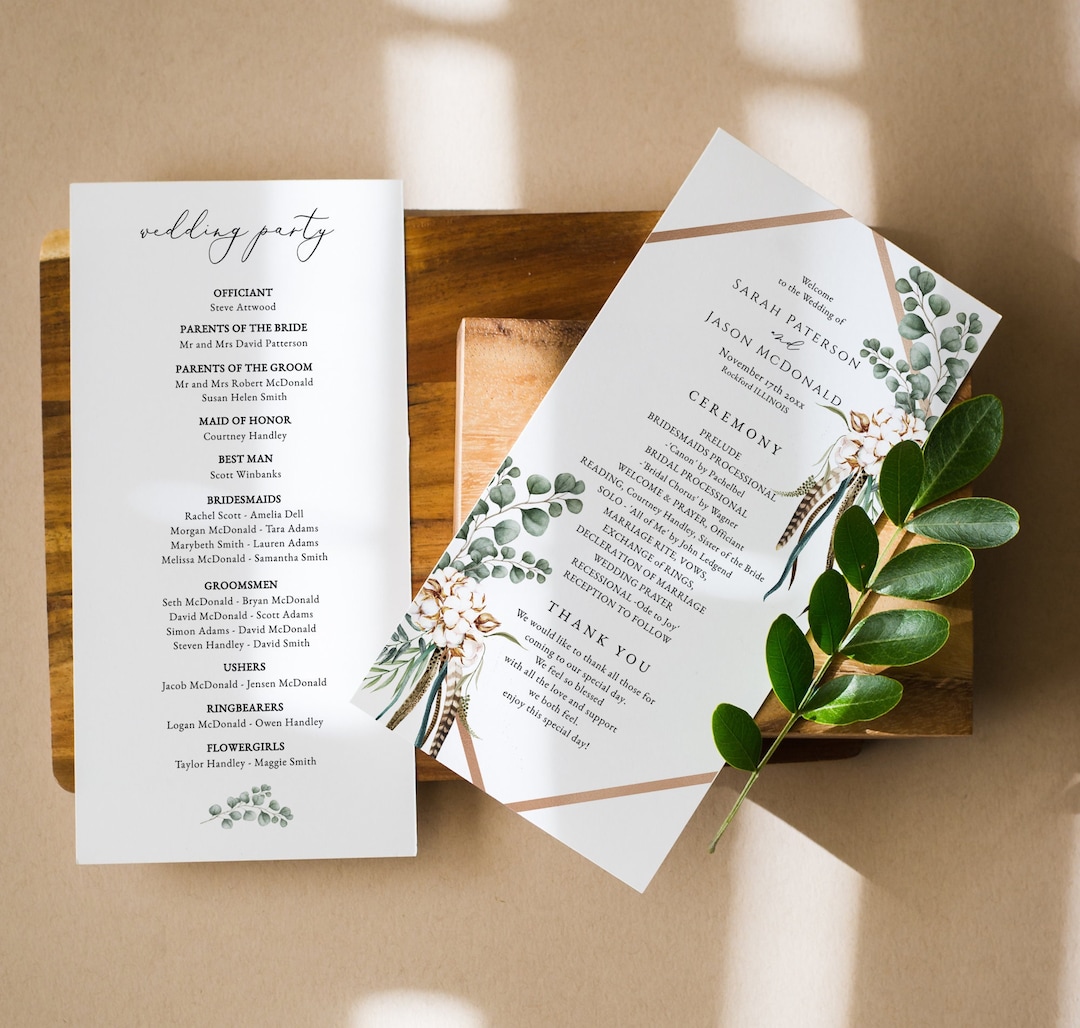 Wedding Program Printable, Boho Wedding Program Template, Eucalyptus ...