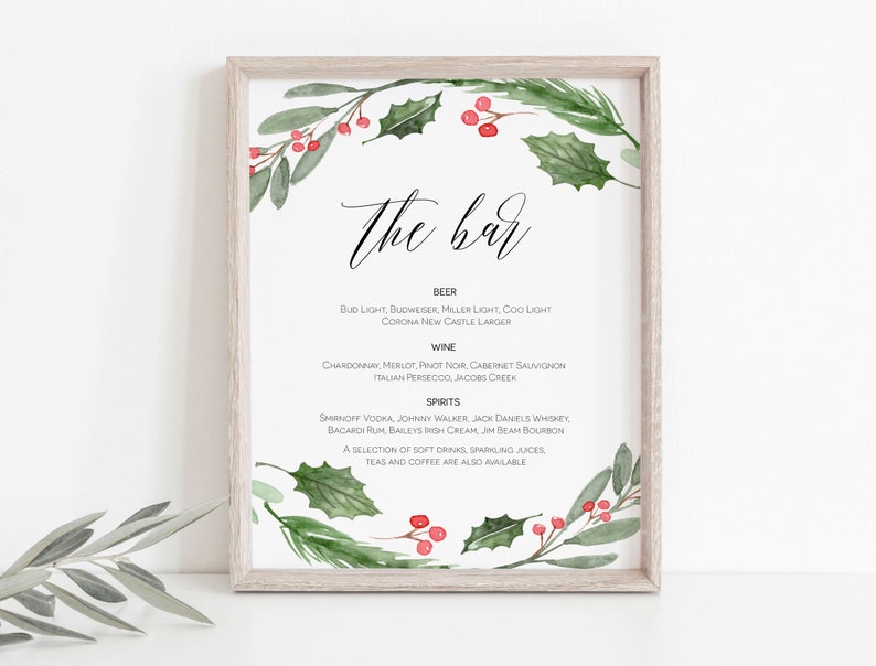Christmas Bar Menu, Printable Bar Menu, Holly Christmas Sign, Bar Sign ...