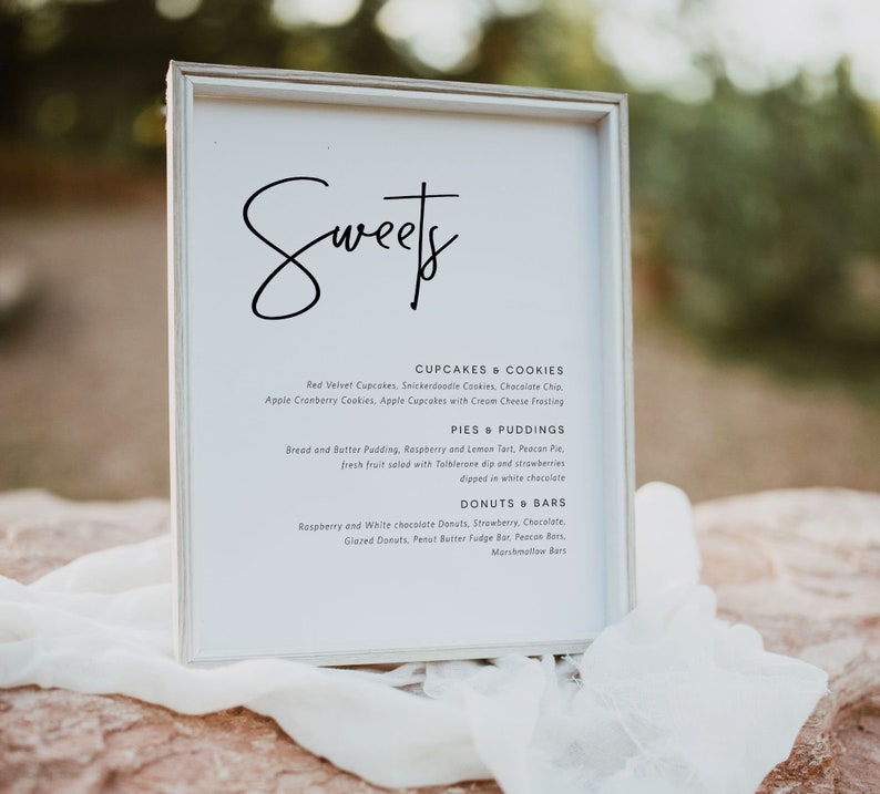 Sweets Menu Sign, Modern Wedding Desserts Sign Template, Printable ...