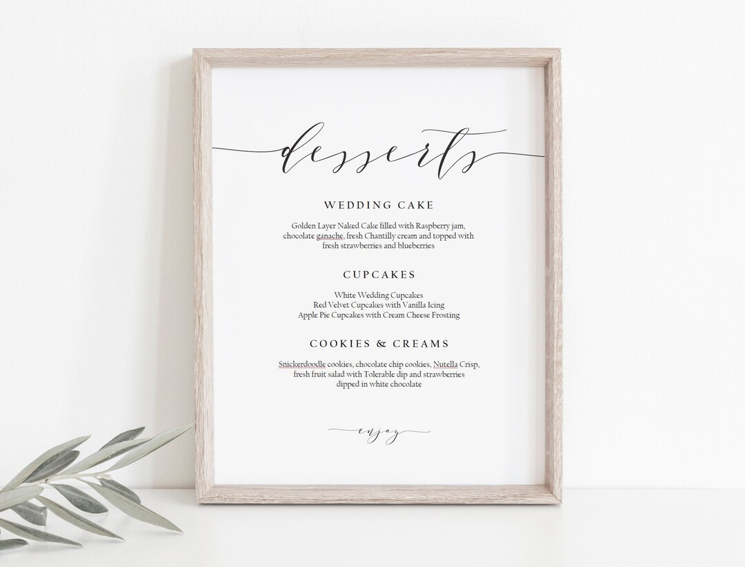 Dessert Menu Sign, Calligraphy Desserts Sign Template, Printable ...