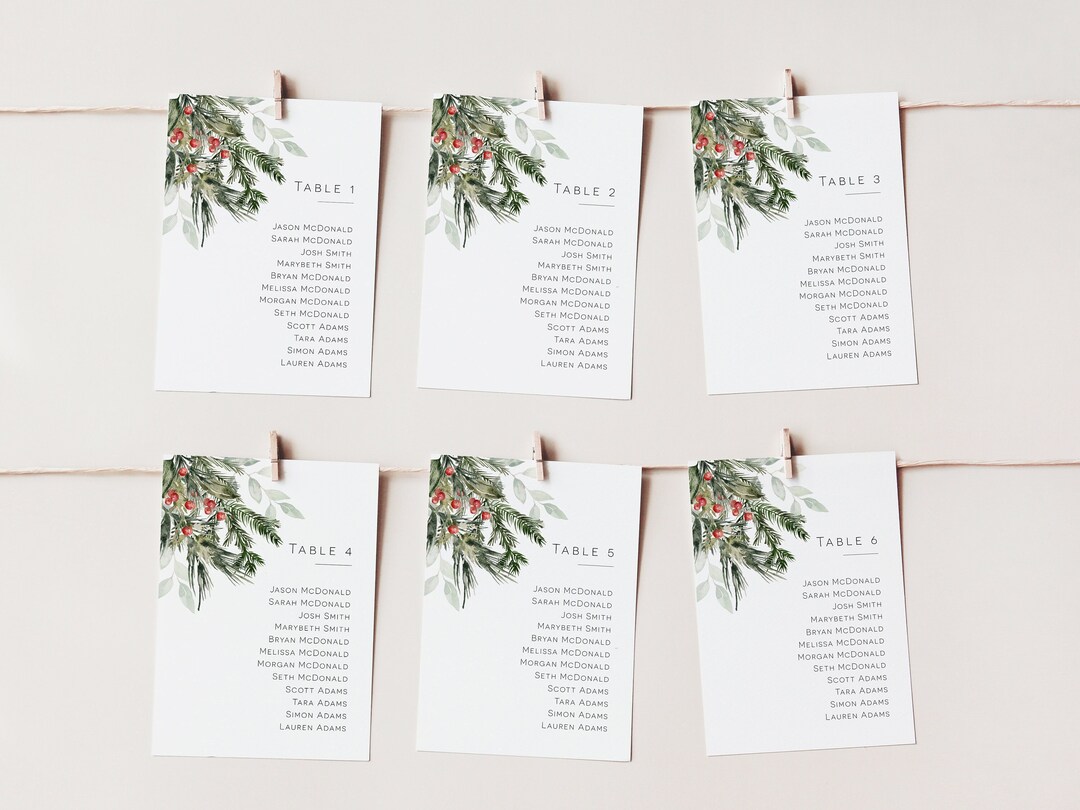 Christmas Seating Chart Cards, Holiday Seating Chart Wedding, Printable ...