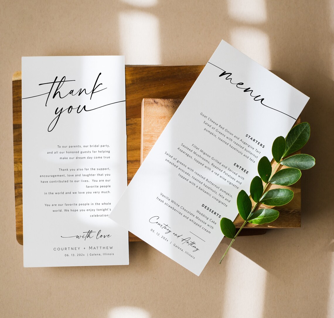Modern Menu and Thank You Card, Wedding Menu Card, Napkin Note Thank ...