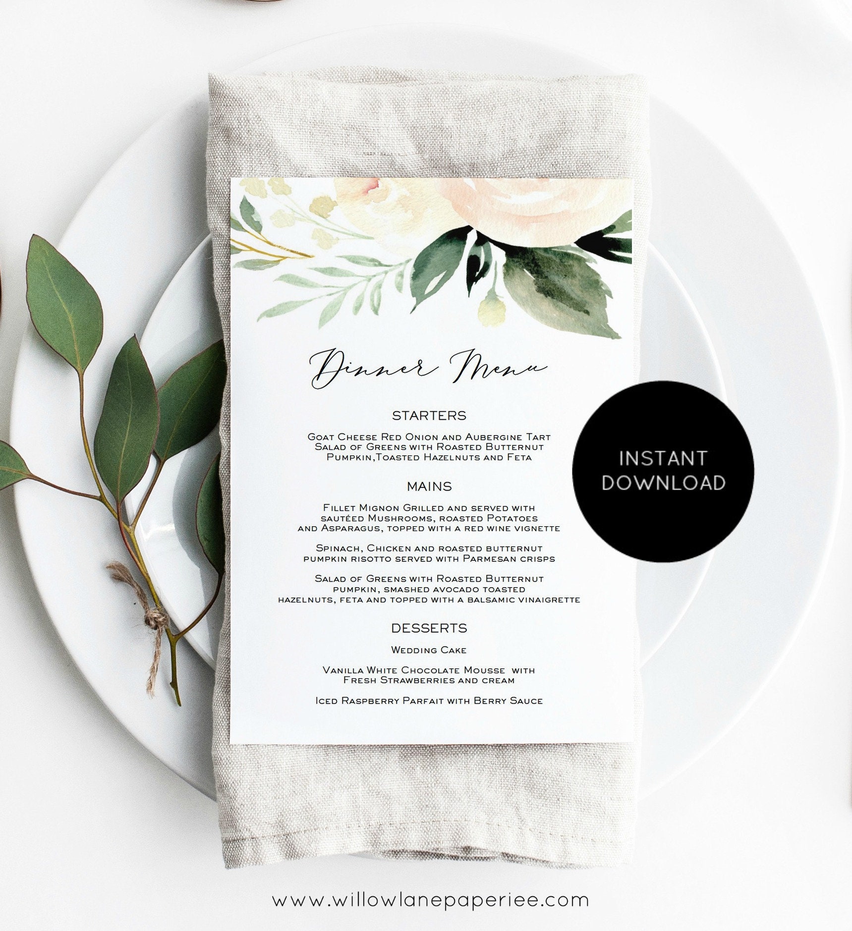 Blush Greenery Menu Card Template Green Leaf Menu Printable | Etsy