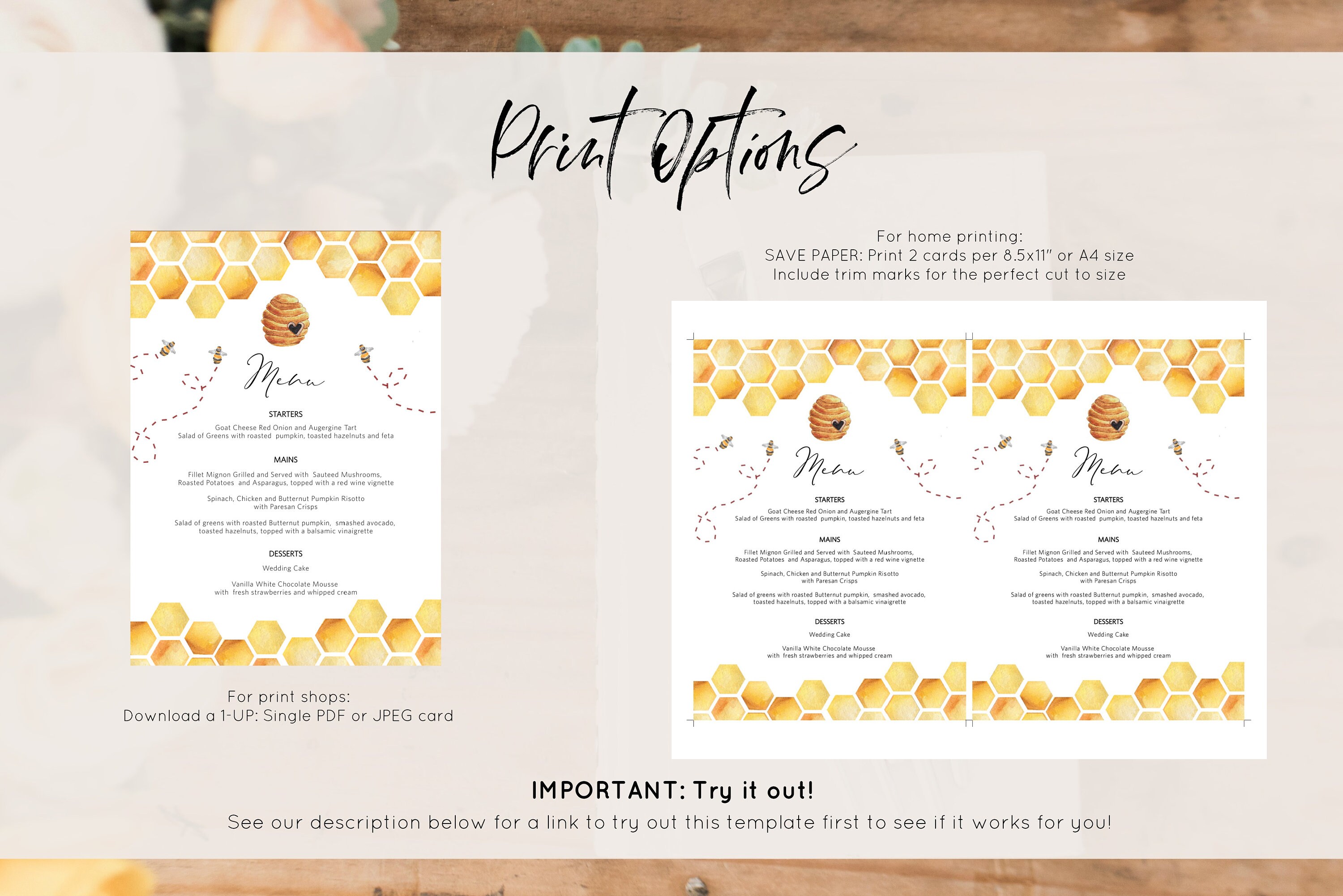 Bee Menu Card Honeybee Menu Template Party Menu Instant - Etsy