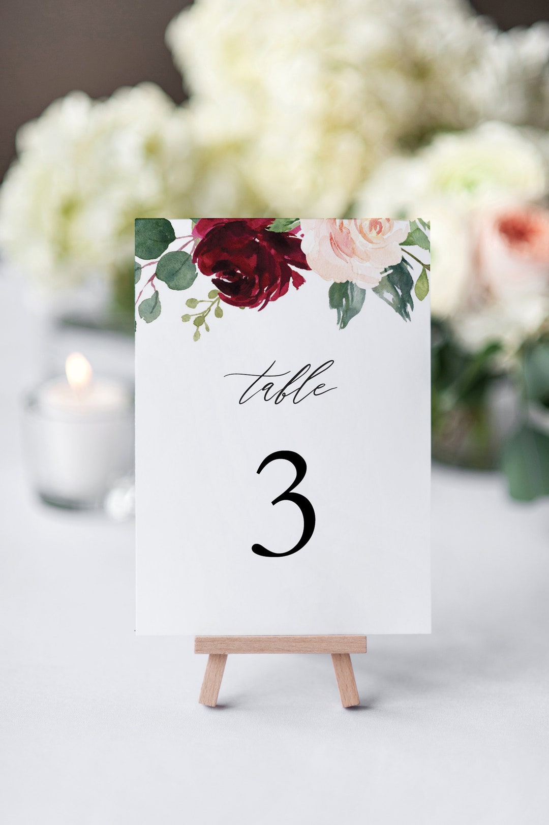 Burgundy Wedding Table Numbers, Printable Table Numbers Template, Edit ...