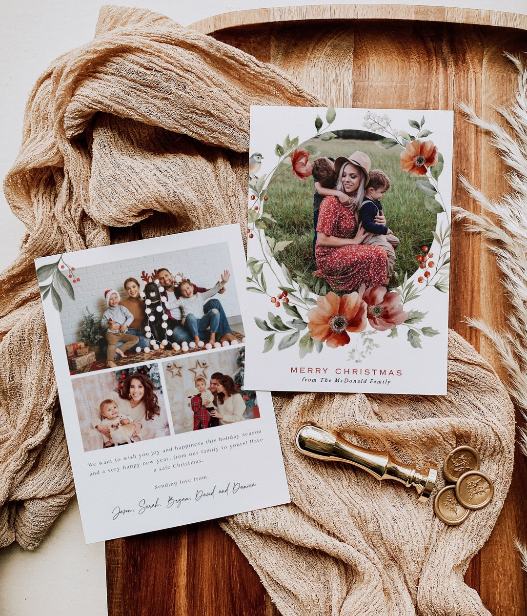 Christmas Card Template, Photo Holiday Card Template, Floral Christmas ...