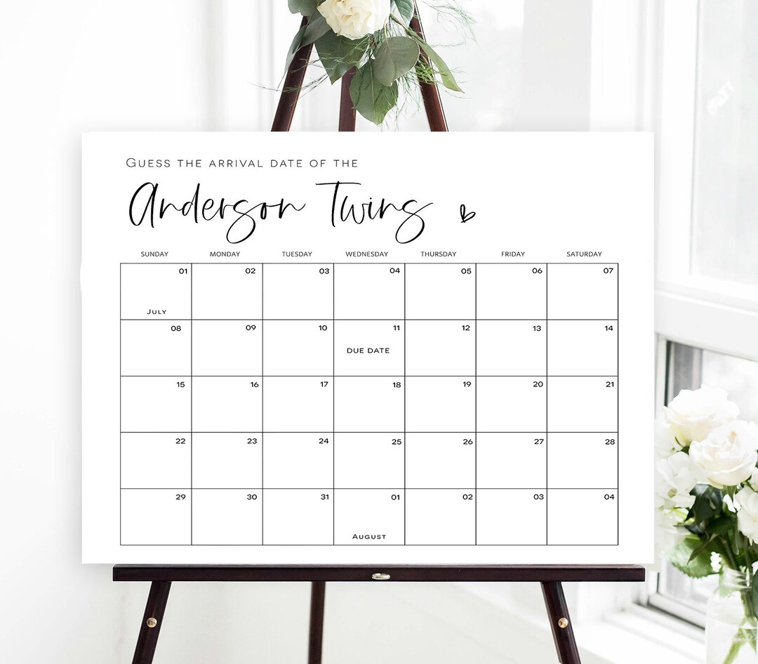 Baby Twins Due Date Calendar Game, Baby Shower Game, Guess Twins Birth ...