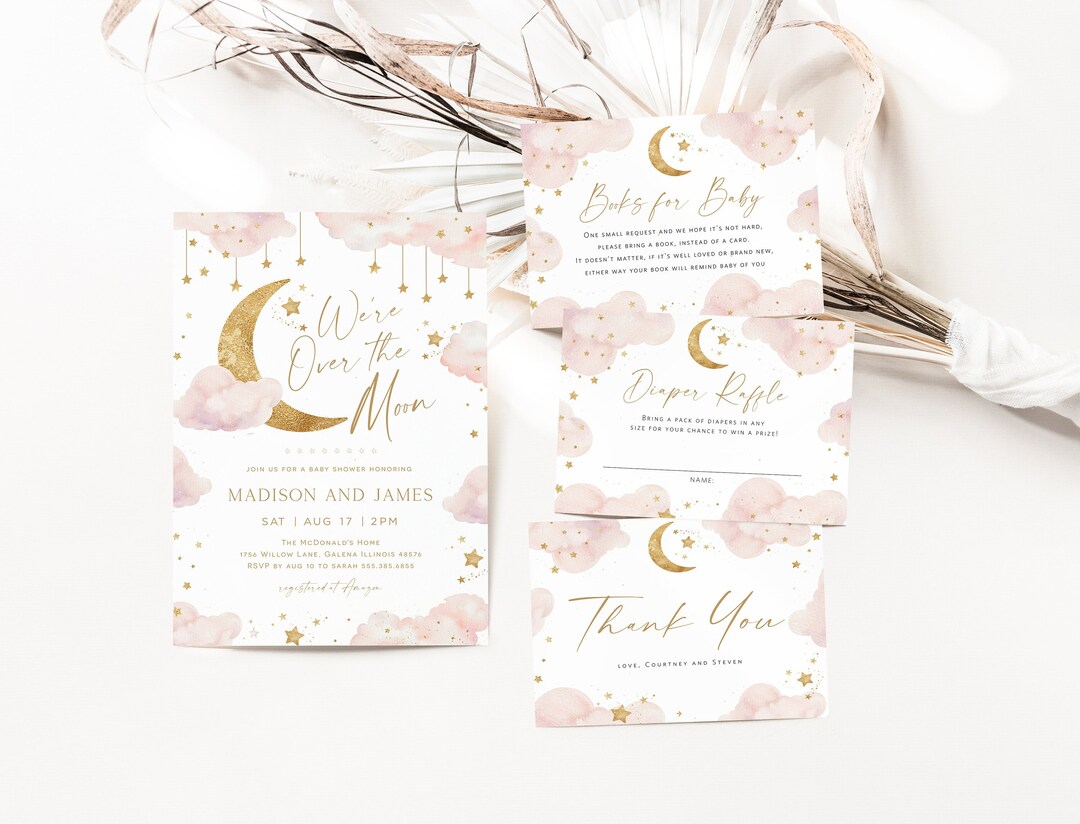 We're Over the Moon Invitation Bundle, Pink and Gold Moon Baby Shower ...