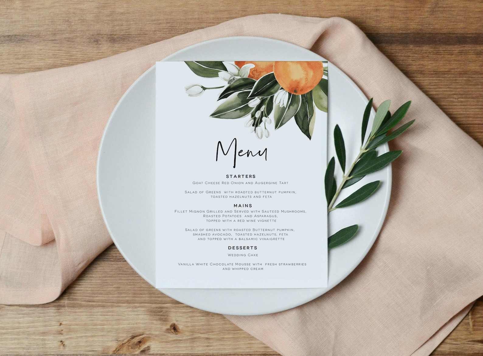 Citrus Menu Template, Orange Menu Card, 5x7" Wedding Menu Printable ...