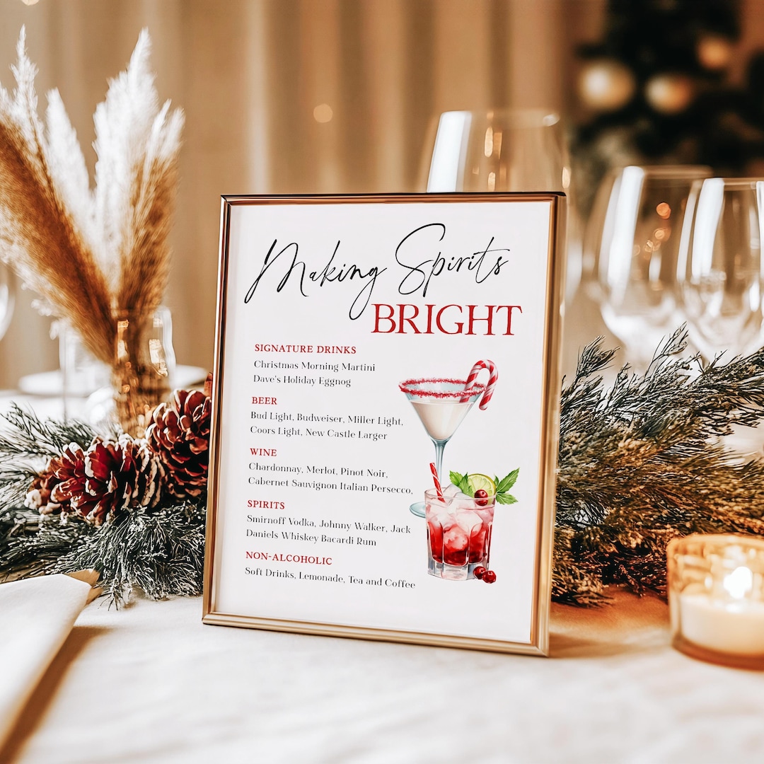 Christmas Bar Menu, Making Spirits Bright Bar Sign, Editable Holiday ...