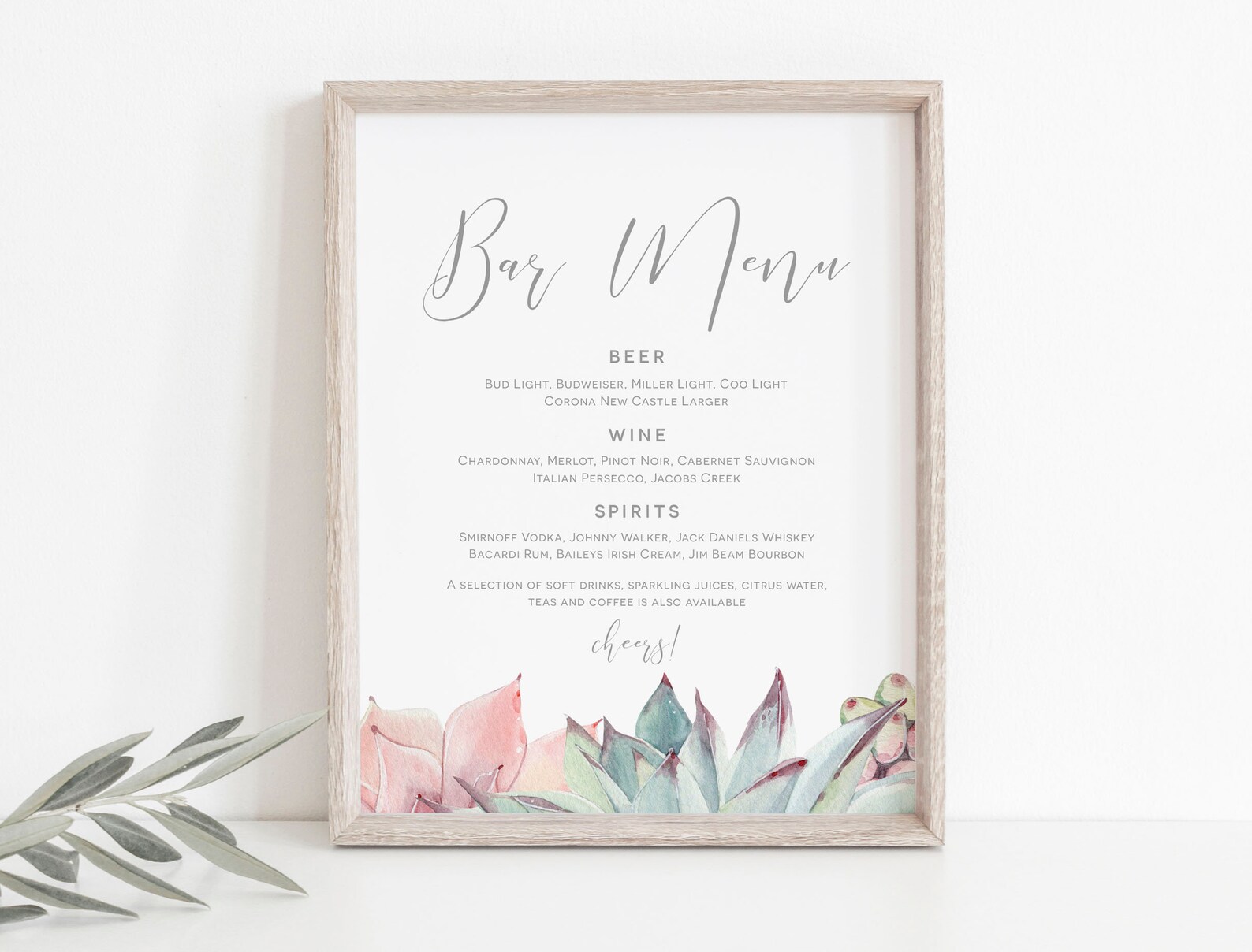 Succulent Bar Sign, Printable Bar Menu Template, Bar Sign, Instant ...