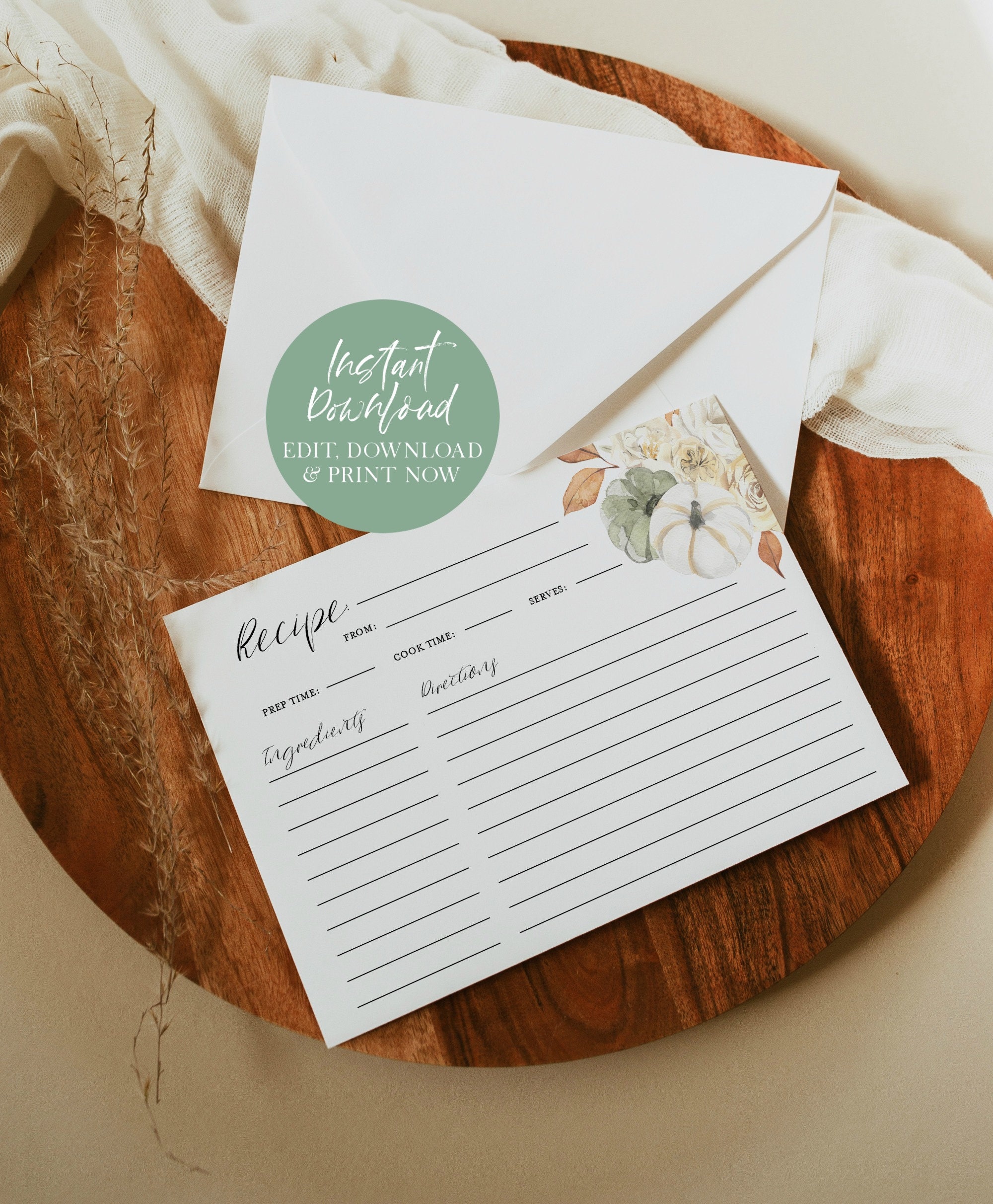 Pumpkin Recipe Card, Printable Recipe Card, Thanksgiving Recipe ...